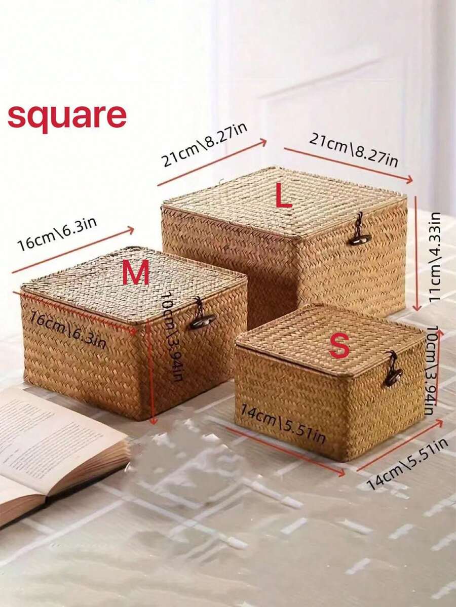 1pc Covered Woven Basket, Wicker Storage Box, Rectangle Storage Box ...