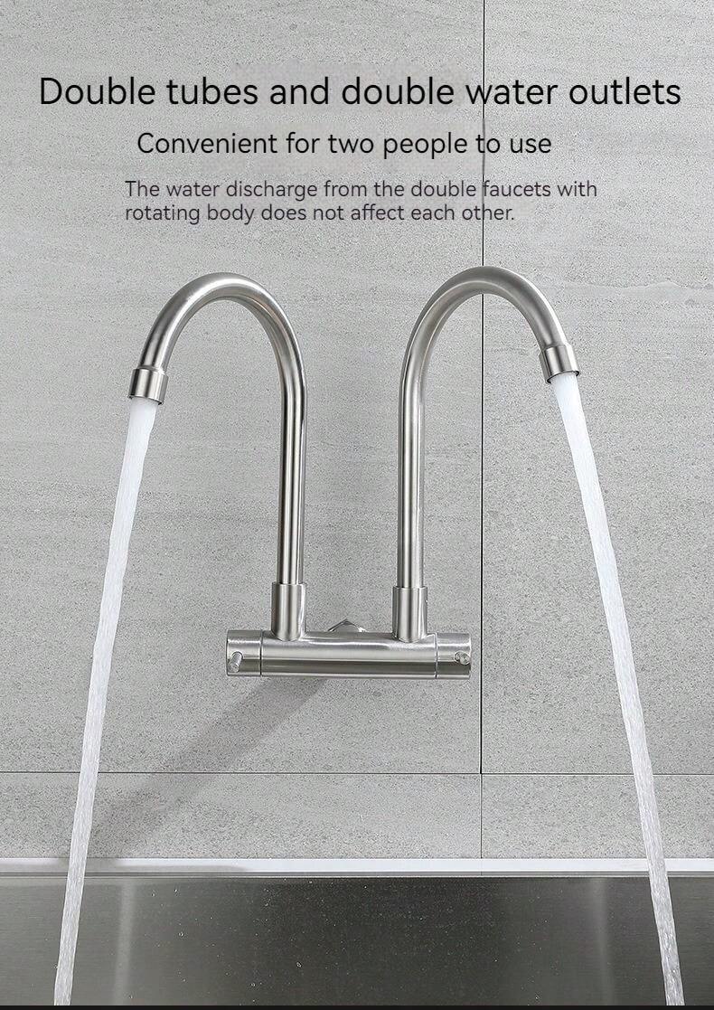 304 Stainless Steel Dual Spout Kitchen Faucet, Single Handle Double ...