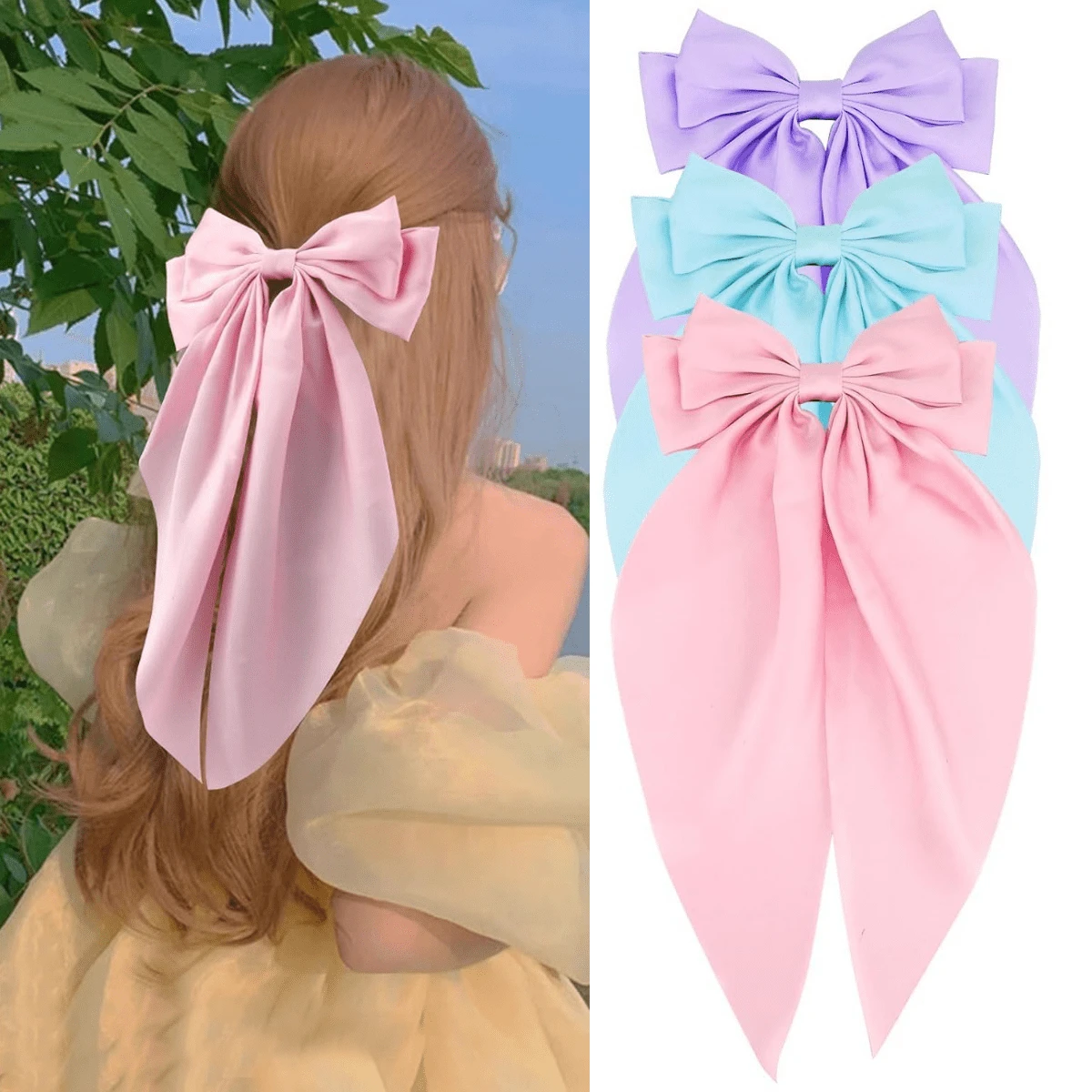 3 Pieces Of Women's Hair Bow Silky Satin Hair Clip Oversized Long Tail ...