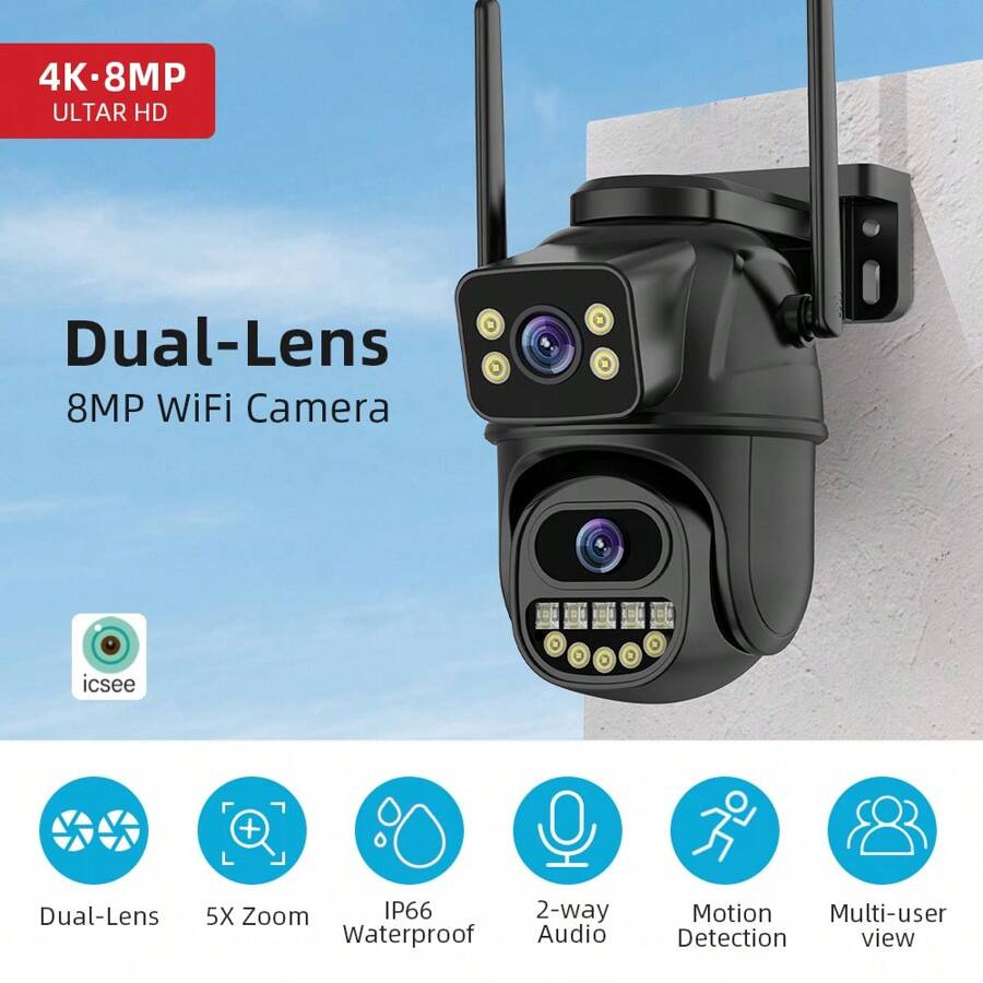 4K 8MP WiFi Surveillance Camera, Dual Lens, 4X Digital Zoom, AI Human ...