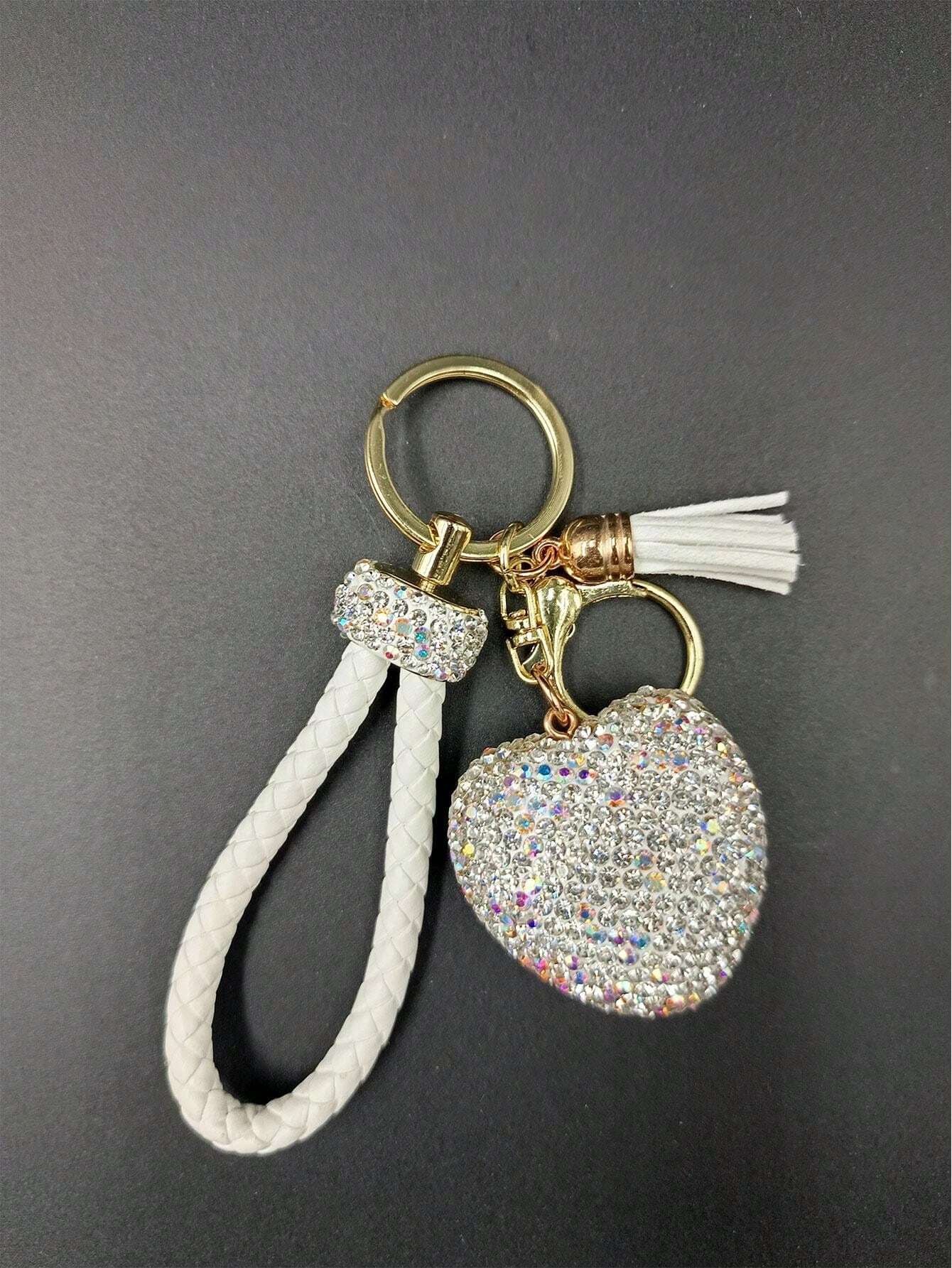 1pc Bling Rhinestone Heart Wristlet Keychain Shimmering Crystal Braided ...