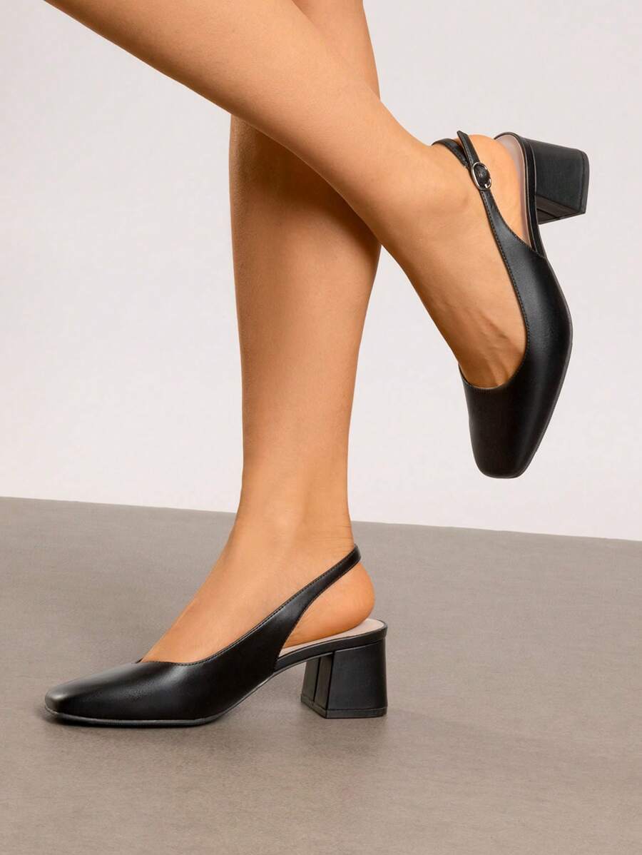 Women's Square Toe Low Chunky Heels Elegant Slingback Block Dress Shoes ...