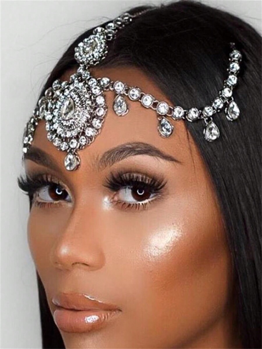 Bohemian Bride Geometric Rhinestone Water Drop Forehead Chain Wedding ...