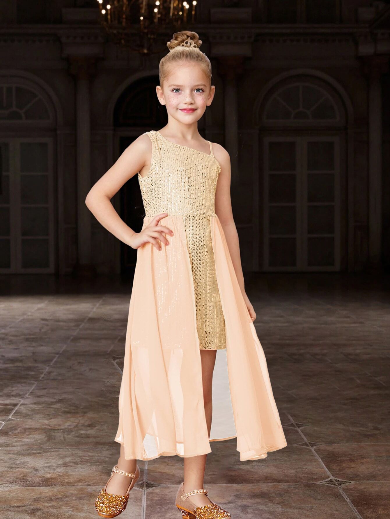 Tween Girl Gorgeous Sequined Asymmetrical Neck Formal Dress, For ...