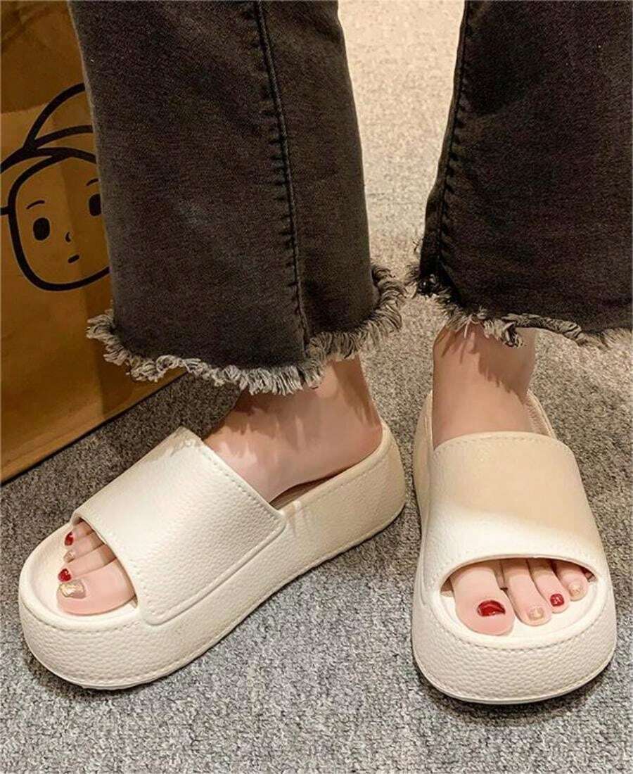 Women White Home Slippers, Summer Flat Sole Open Toe Thick Bottom Slip ...