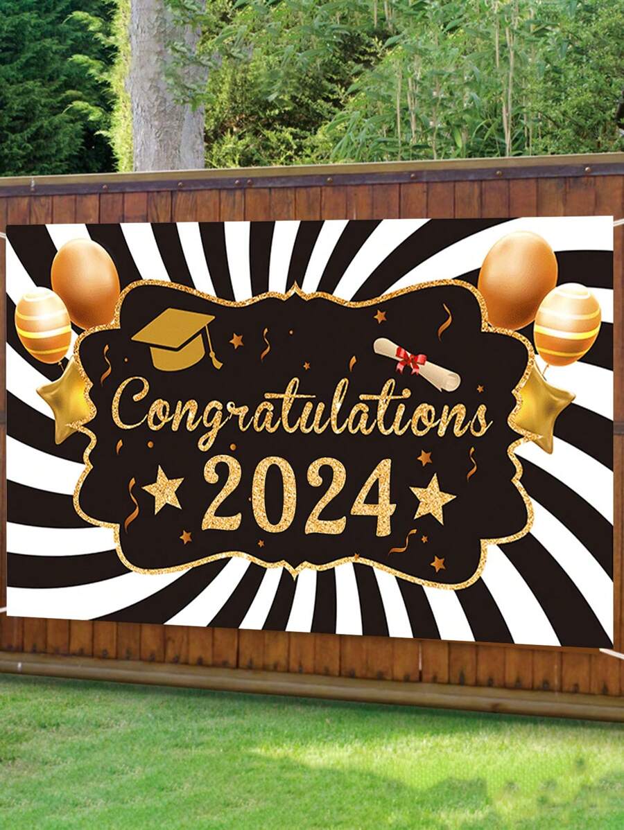 1pc Black & White Striped Graduation Cap Inspired Polyester Banner With ...