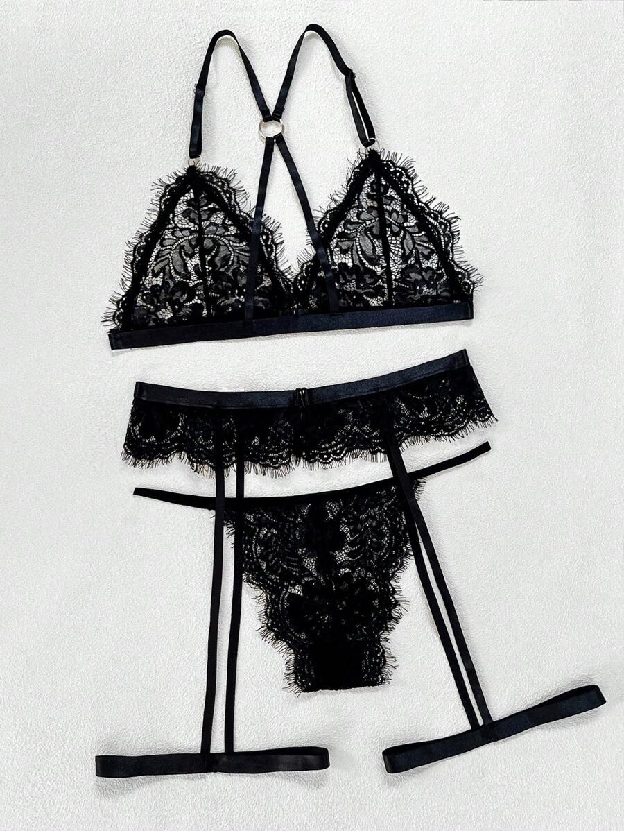 Ropa interior provocativa para mujers, conjunto sexy de tres piezas con encaje negro de pestañas ...