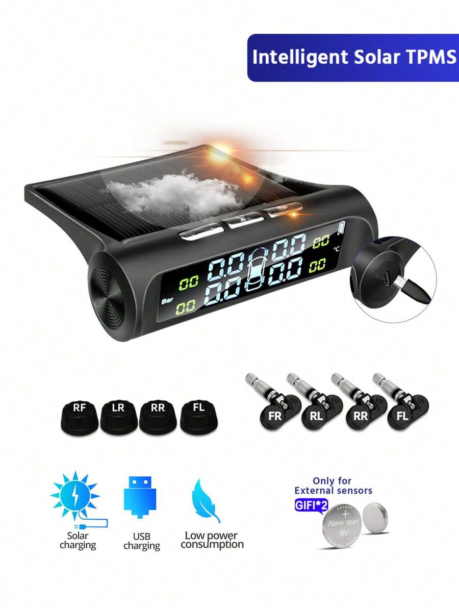 The E-ACE TPMS Automotive Tire Pressure Alarm Monitoring System Contains 4 External Sensors To ...