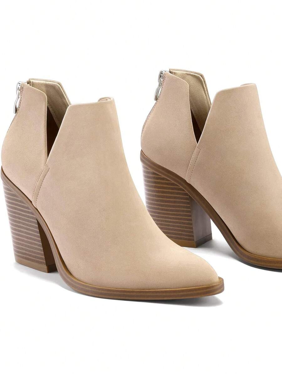 Mysoft Women's Ankle Boots Slip On Cutout Pointed Toe Chunky Stacked ...