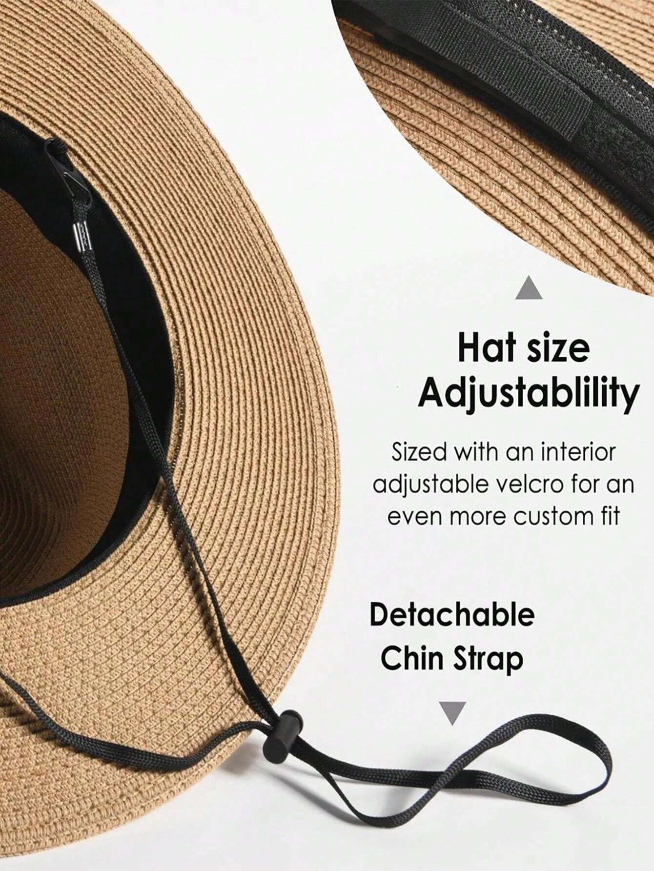 1pc Women Tape Decor Boho Straw Hat For Vacation Tape Decor Straw Hat ...