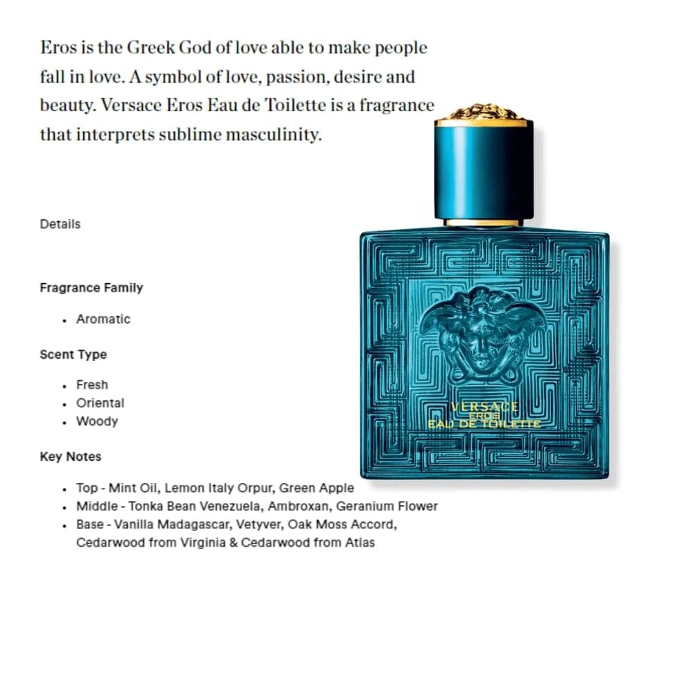 Versace VERSACE EROS 3.4 OZ EDP Cologne For Men Fresh Mediterranean ...