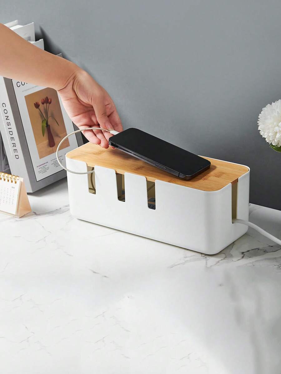 Compact And Stylish Cable Management Box With Wooden Lid - Neatly ...