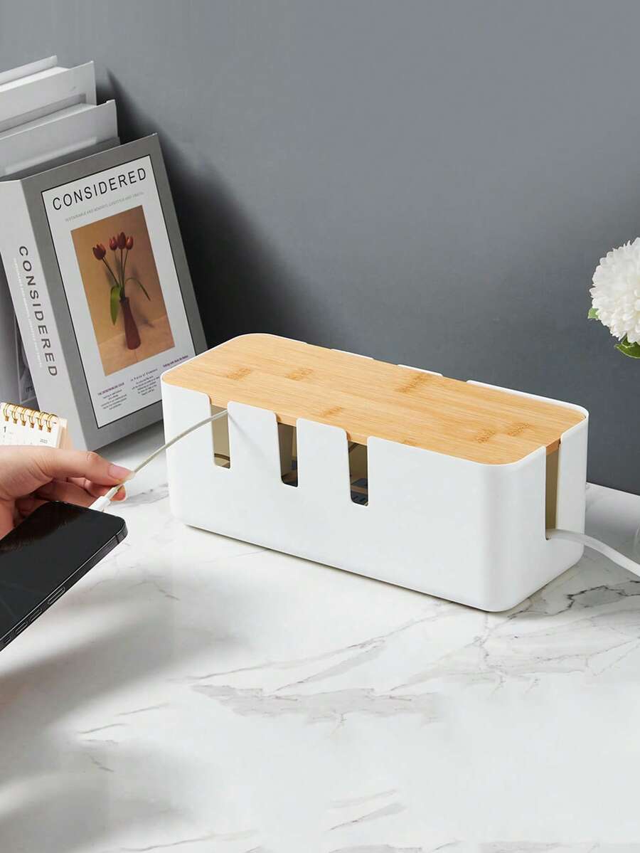 Compact And Stylish Cable Management Box With Wooden Lid - Neatly ...