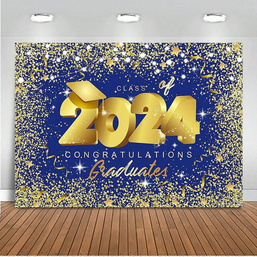 Graduation Backdrop Banner For Class Of 2024, Navy Blue & Gold ...