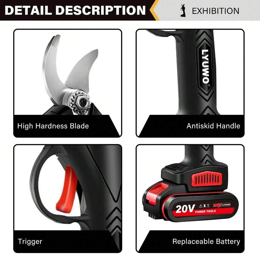 LYUWO 20V 30mm Cordless Electric Pruner Pruning Shears Efficient Fruit ...