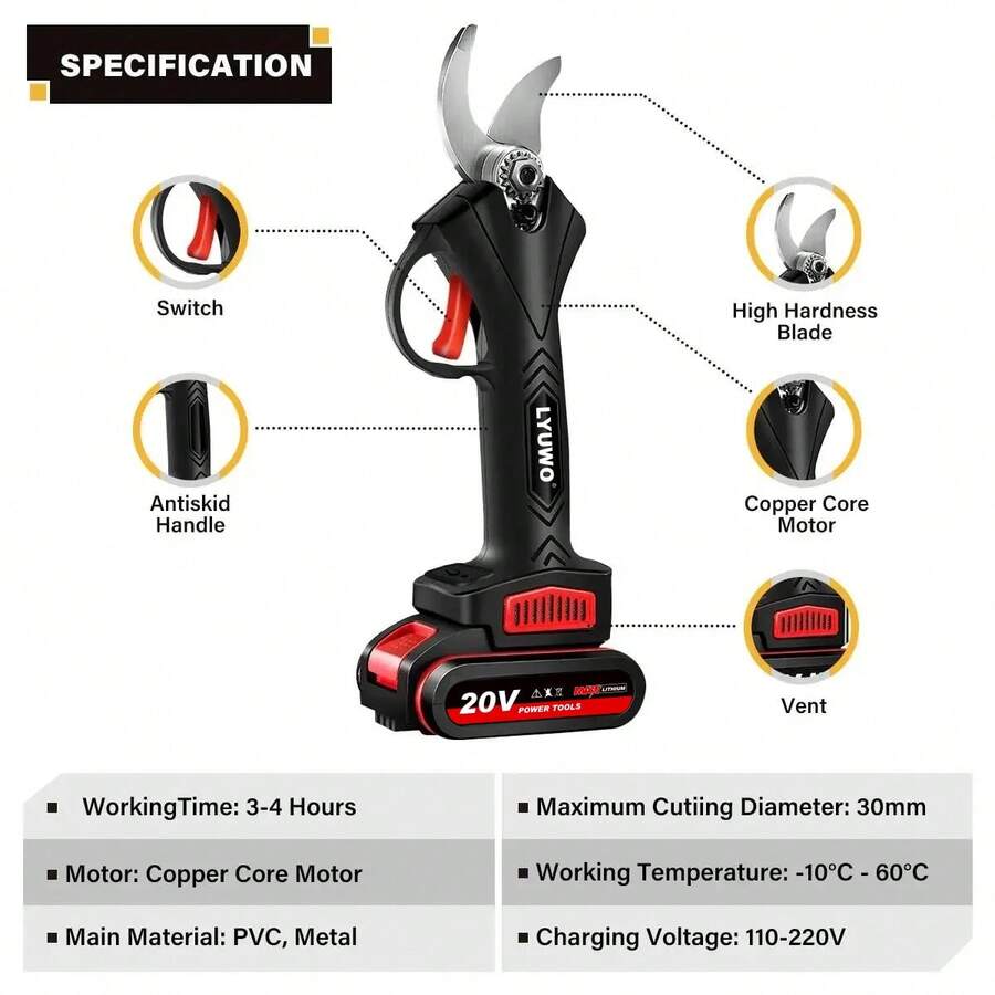 LYUWO 20V 30mm Cordless Electric Pruner Pruning Shears Efficient Fruit Tree Bonsai Pruning ...