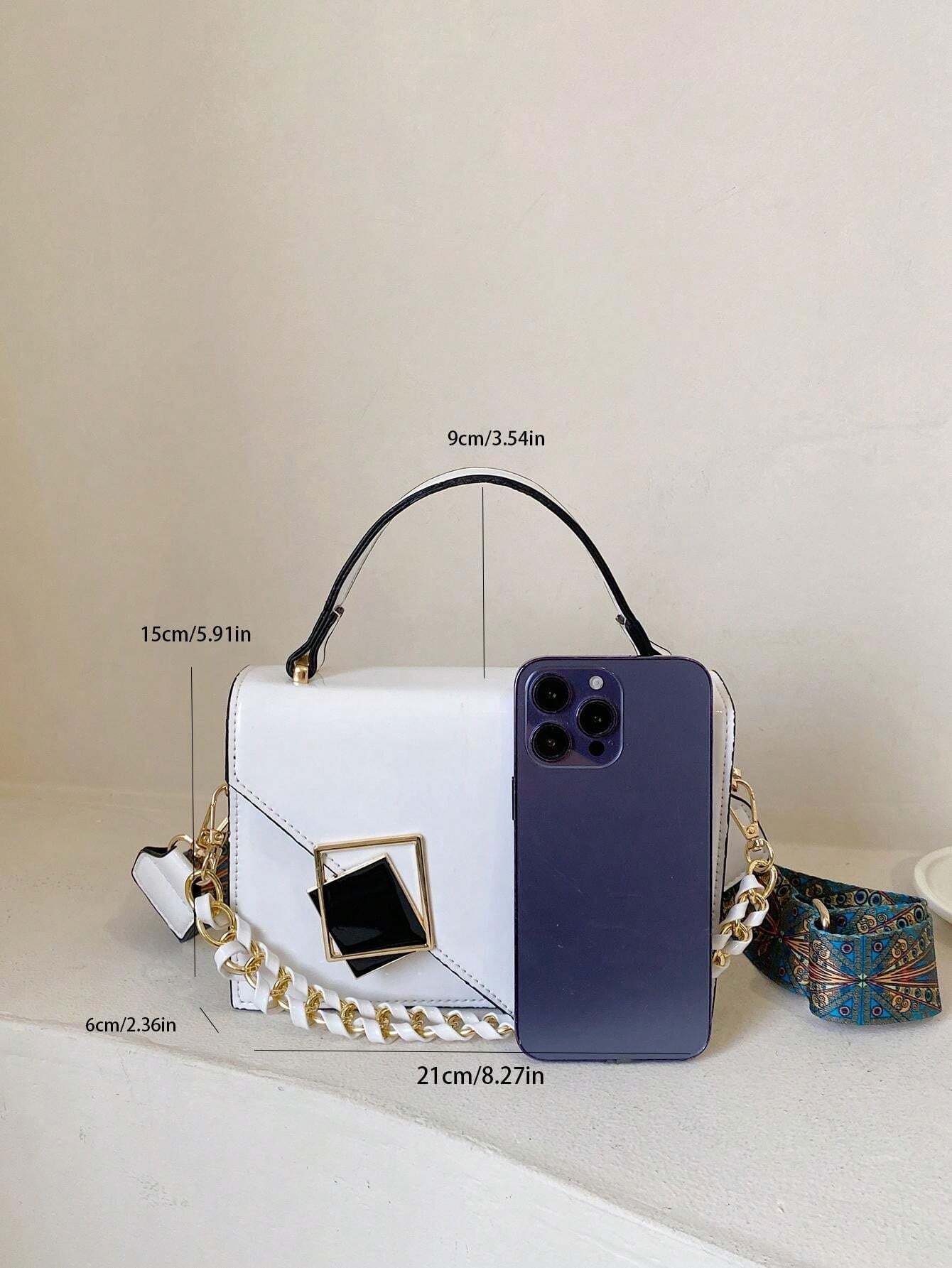 Mini Weaved Chain Adorned Black Flap Lock Handbag For Women, Portable ...