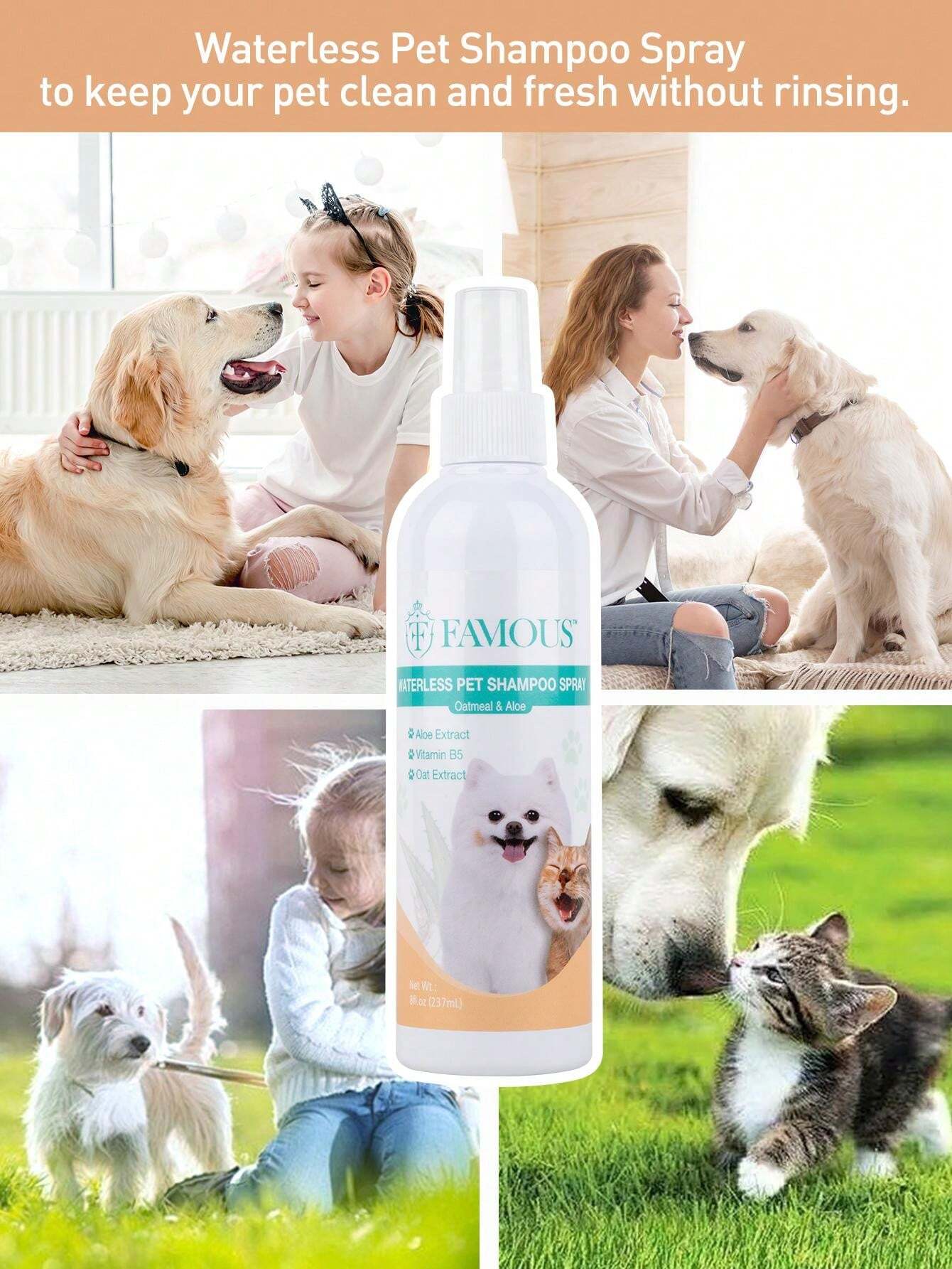 Natural Friendly Vitamin B5 Waterless Pet Shampoo Spray Oatmeal Aloe No ...