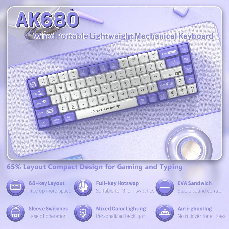AJAZZ AK680 65% Wired Hotswap Mechanical Keyboard,68-Key Portable Anti ...