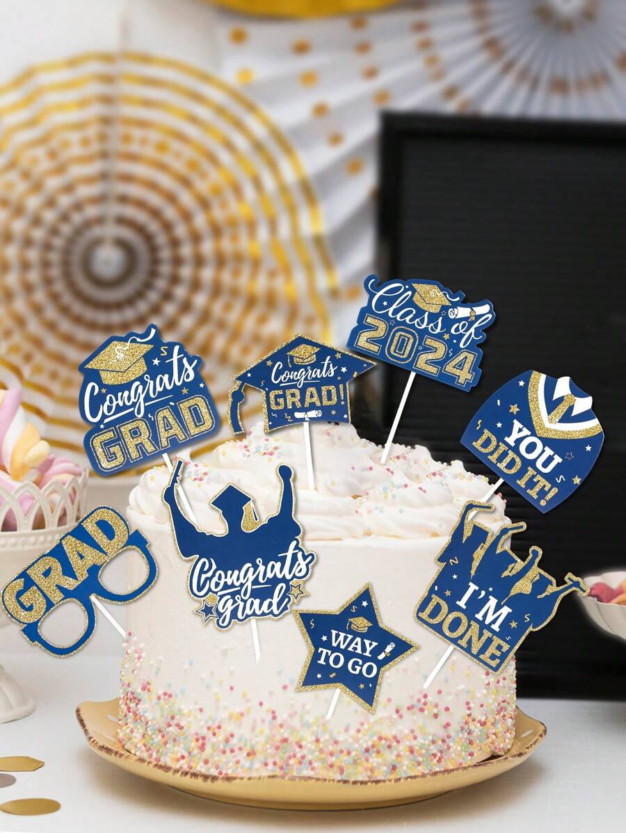 16pcs Blue Gold Graduation Cake Insert, 2024 Graduation Season ...