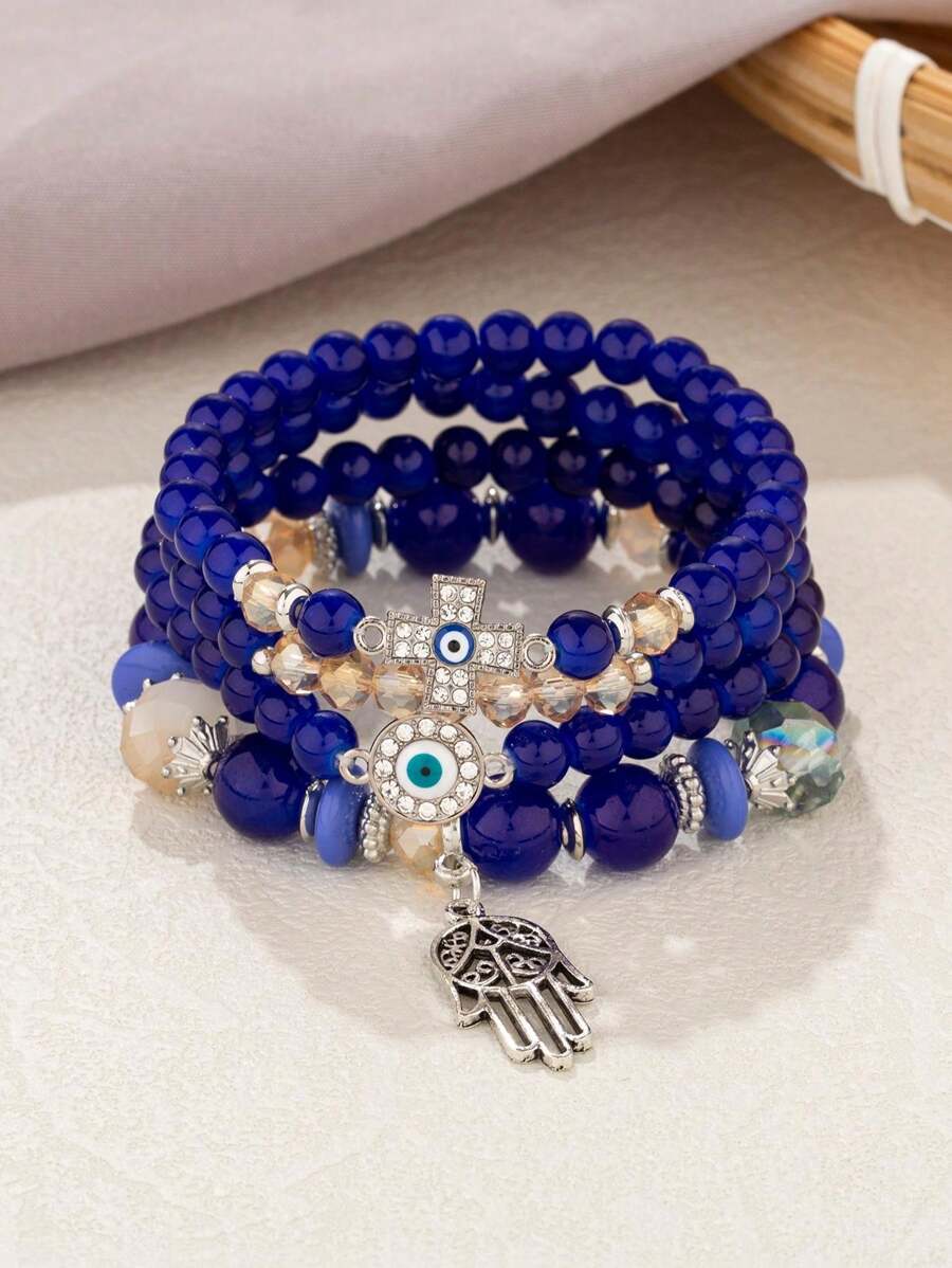 1pc Blue Eye Beaded Hand Chain With 4pcs Cross Hamsa Hand Pendant ...