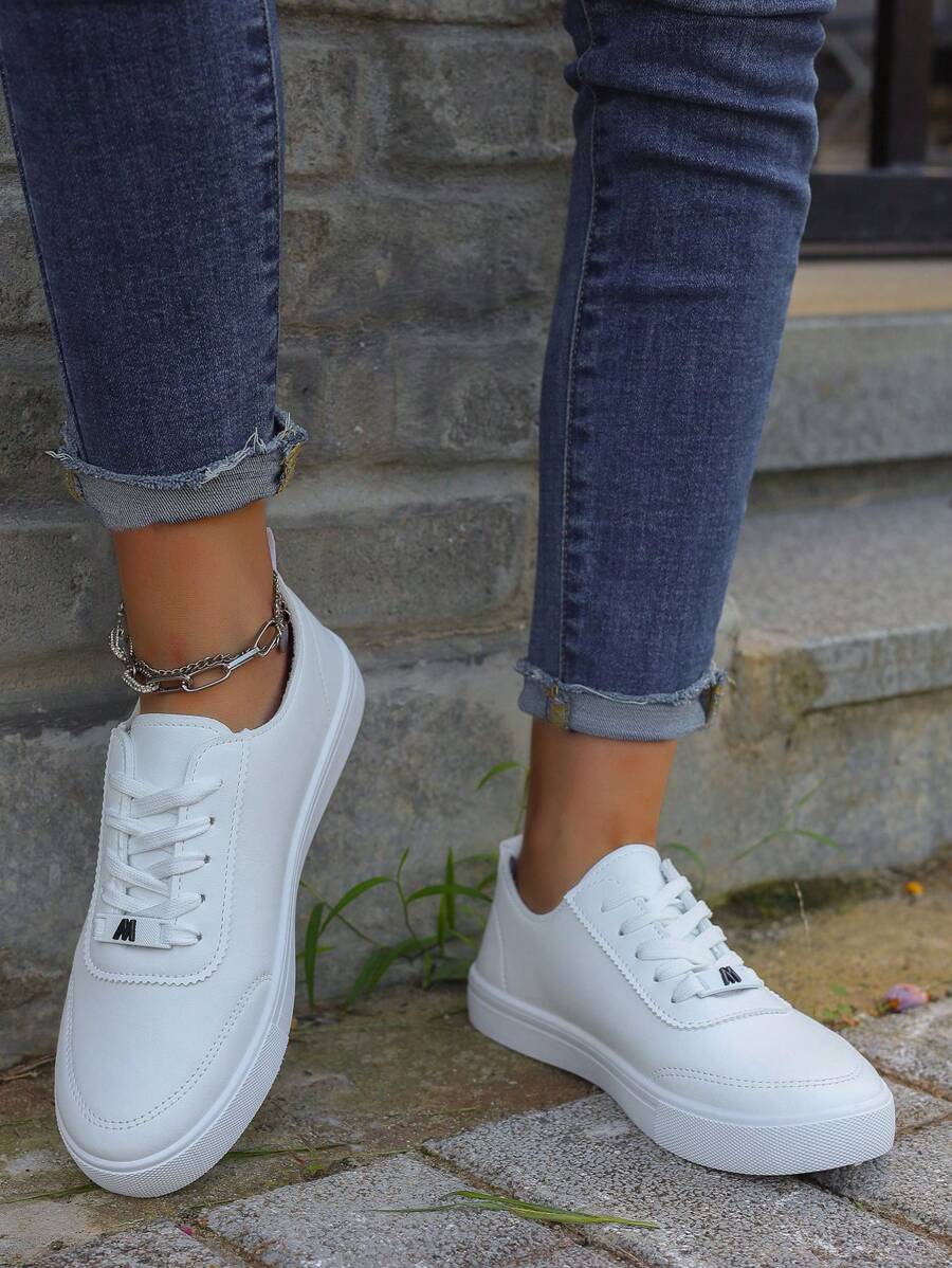 Women White Shoes, British Style Pure White Lace Up Leather Sneakers ...