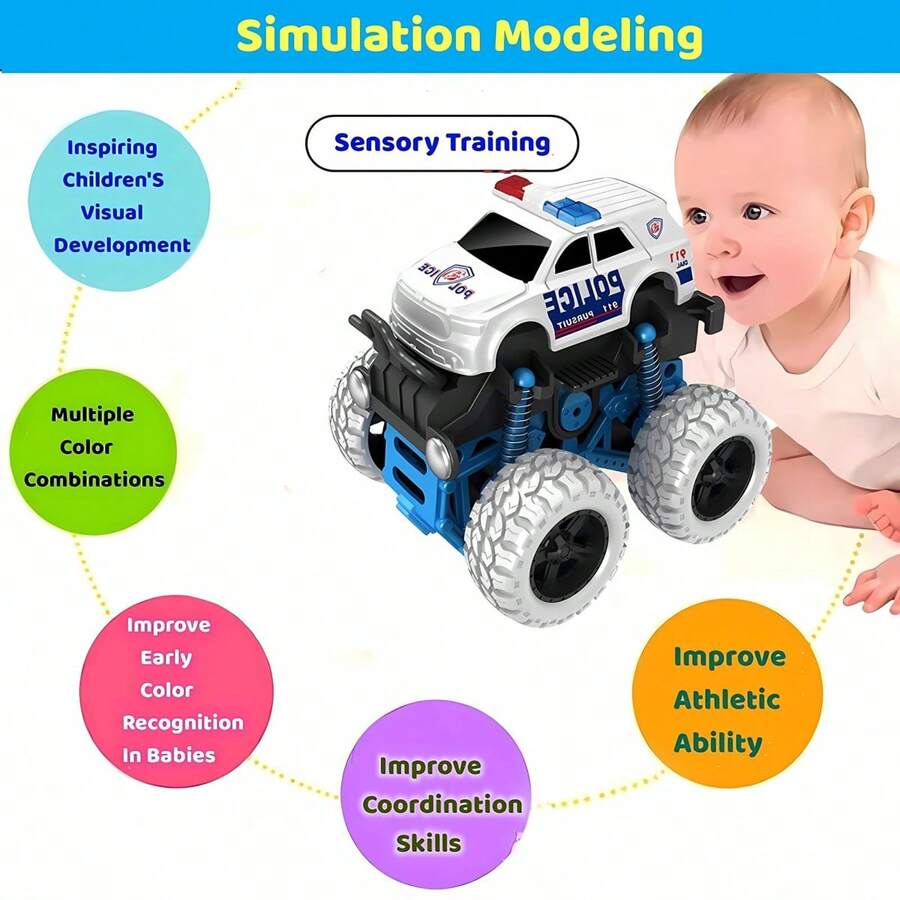 Friction Powered Toy Cars Set, Includes 1 City Police Car, 1 Monster ...