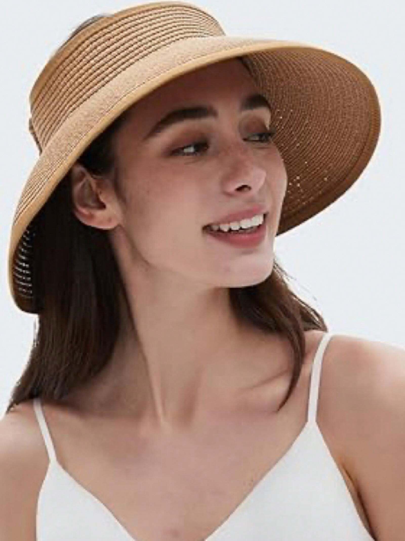 Women's Sun Visor Hats Wide Brim Straw Beach Hat Ponytail Hats For ...