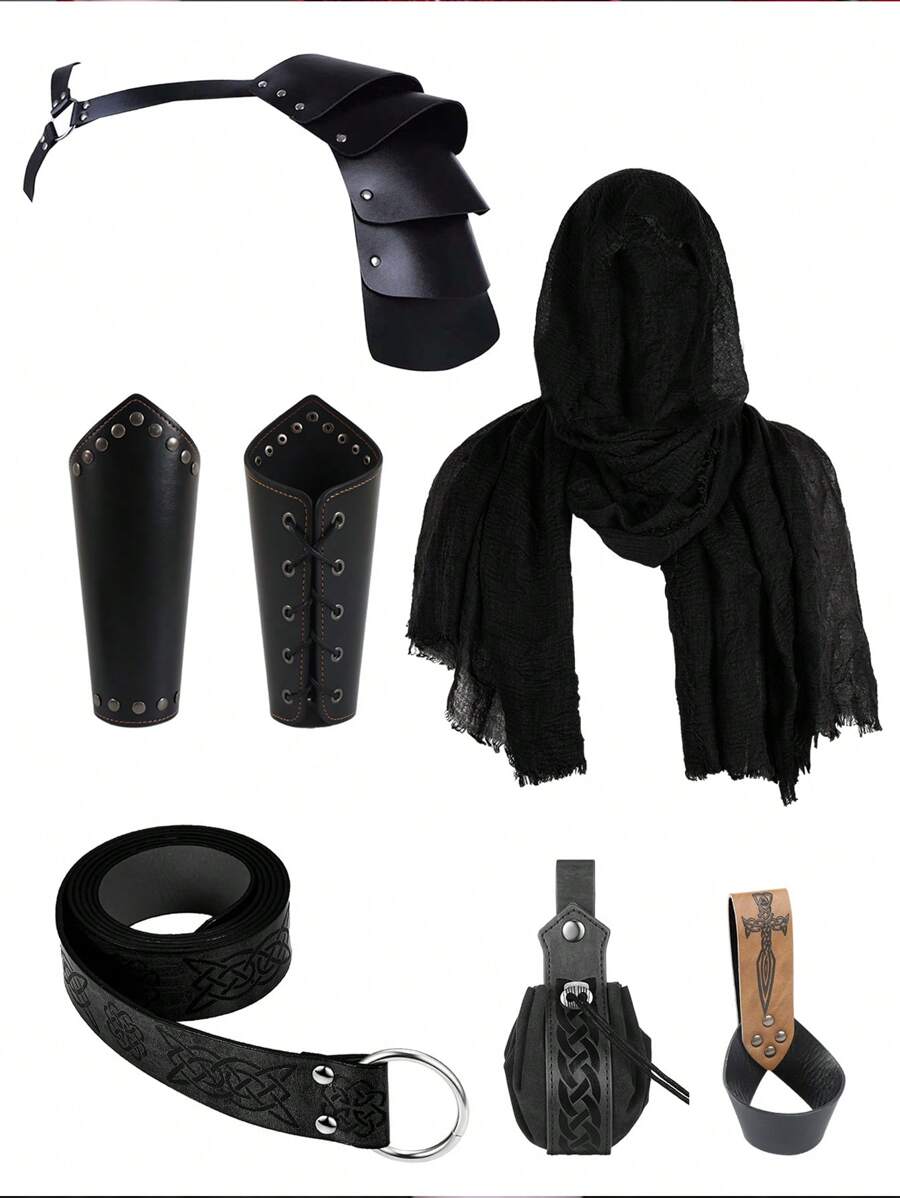 7pcs Medieval Renaissance Men Accessory Set - PU Leather Shoulder Cape ...