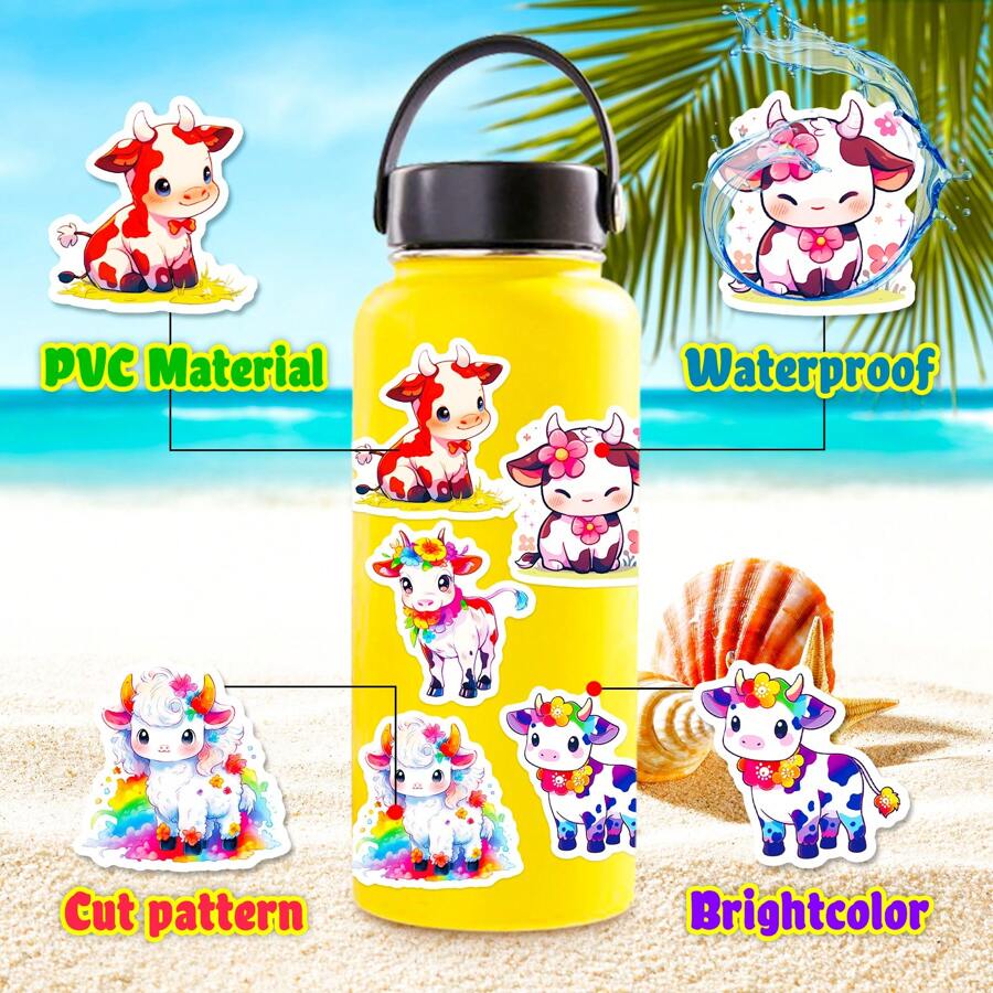 100Pcs Cute Animal Stickers, Vinyl Waterproof Rainbow Cow Rabbit ...