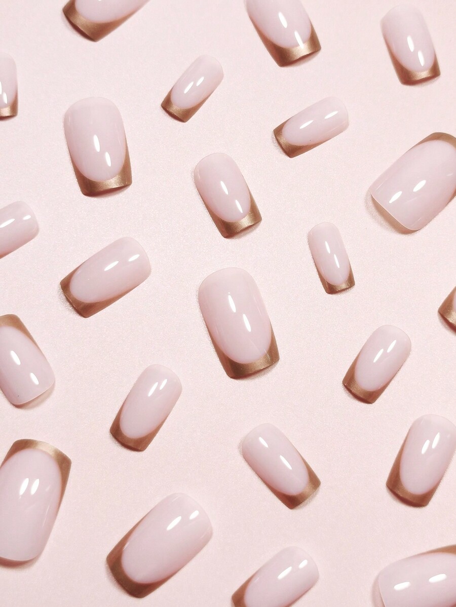 24pcs Medium To Long Metallic French Gold-Trimmed Nail Tips Set With ...