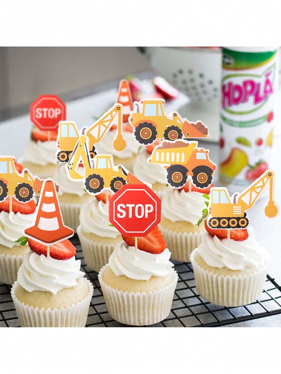Construction Cupcake Decorations Stop Sign Dump Truck Backhoe Tractor ...