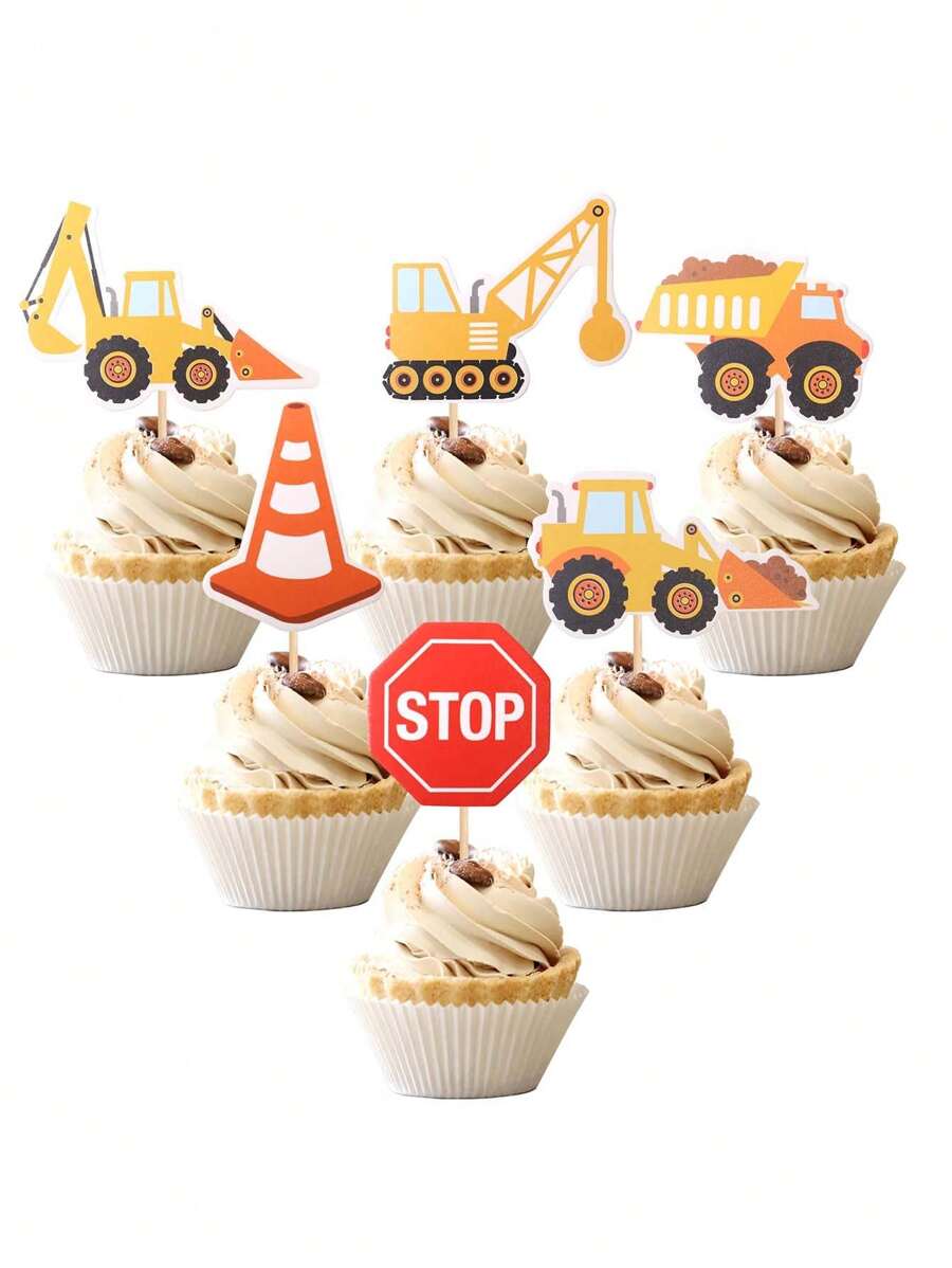Construction Cupcake Decorations Stop Sign Dump Truck Backhoe Tractor ...