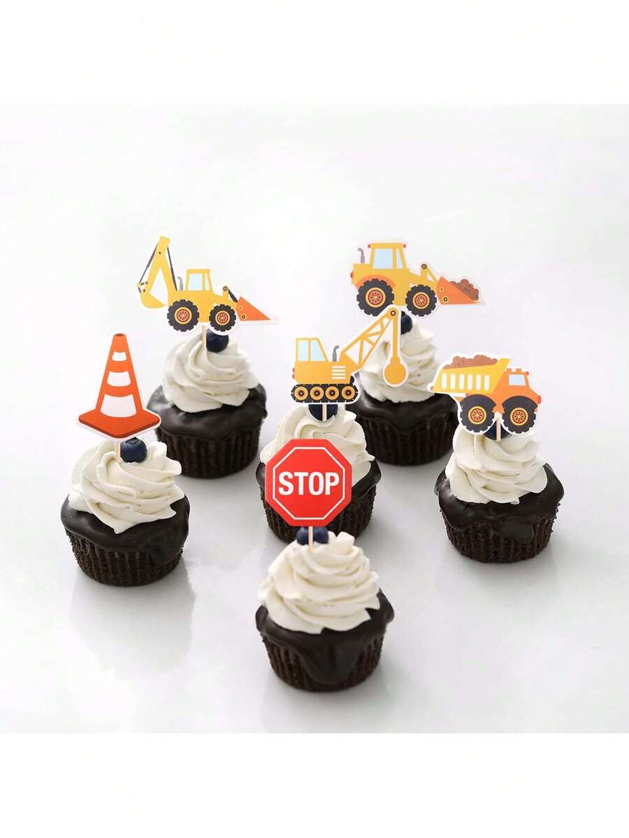 Construction Cupcake Decorations Stop Sign Dump Truck Backhoe Tractor ...