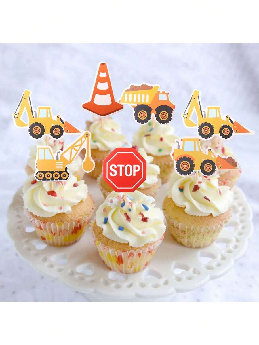 Construction Cupcake Decorations Stop Sign Dump Truck Backhoe Tractor ...