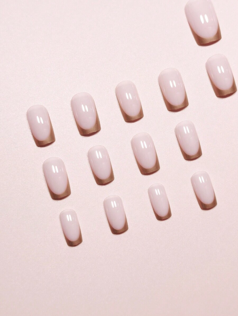 24pcs Medium To Long Metallic French Gold-Trimmed Nail Tips Set With ...