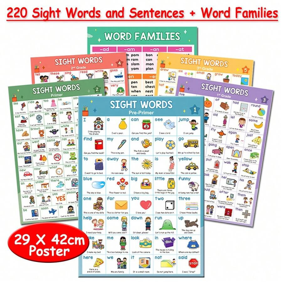 6 Sheets 220 Sight Words Poster A3 Extra Large Educational Posters And ...