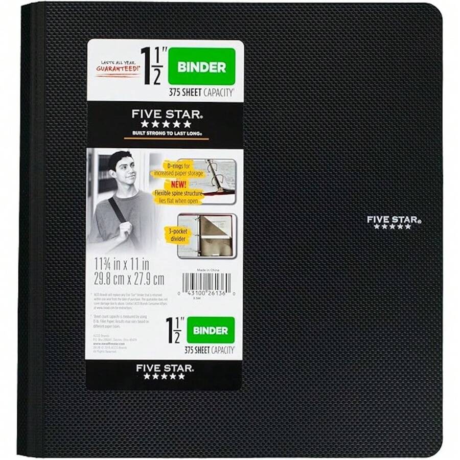 Five Star 1.5" Heavy Duty 3 Ring Binder W/ 3 Pocket Divider 375 Sheet ...