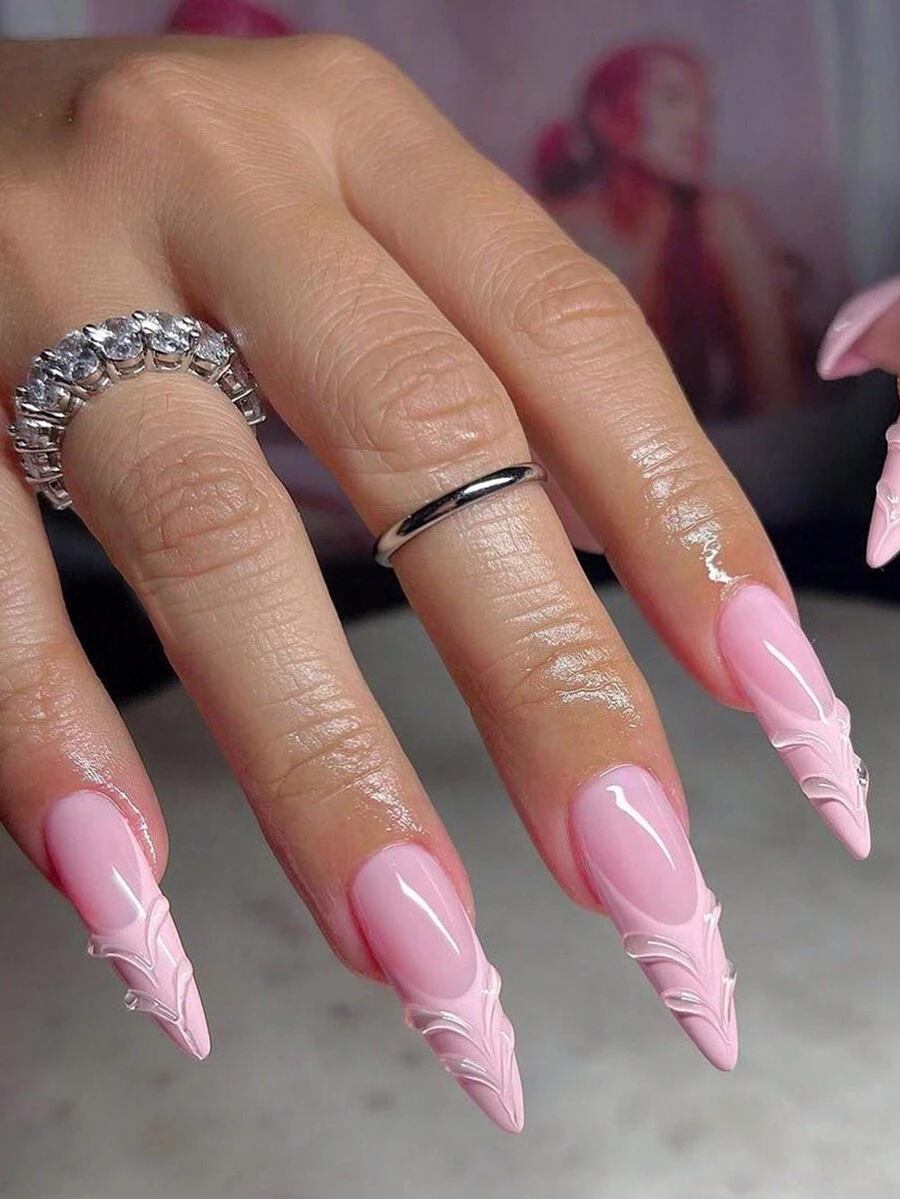 24pcs Crop Almond Shaped 3D Wearable Water Ripple French Style Sweet ...