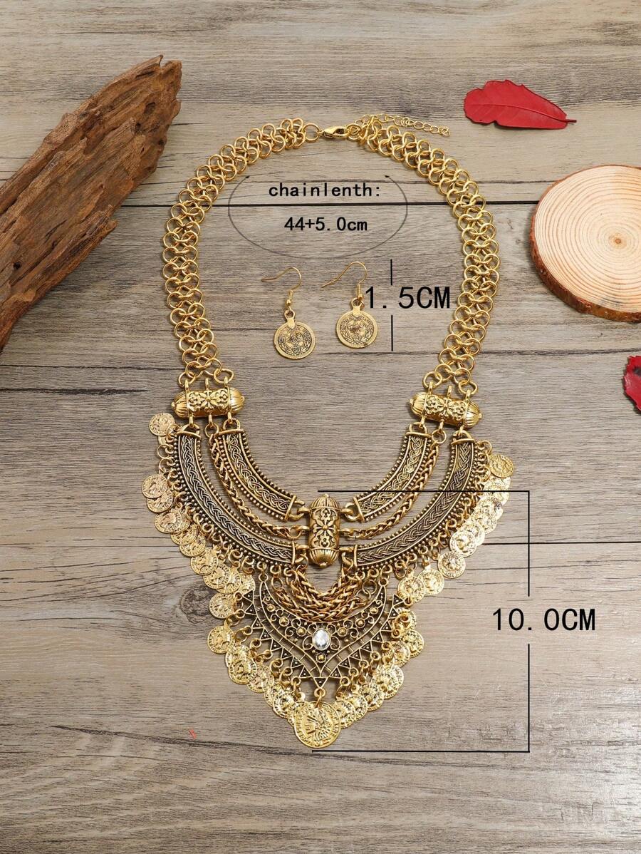Fashionable Vintage Coin Necklace Set For Women, Crop Crescent Tassel ...
