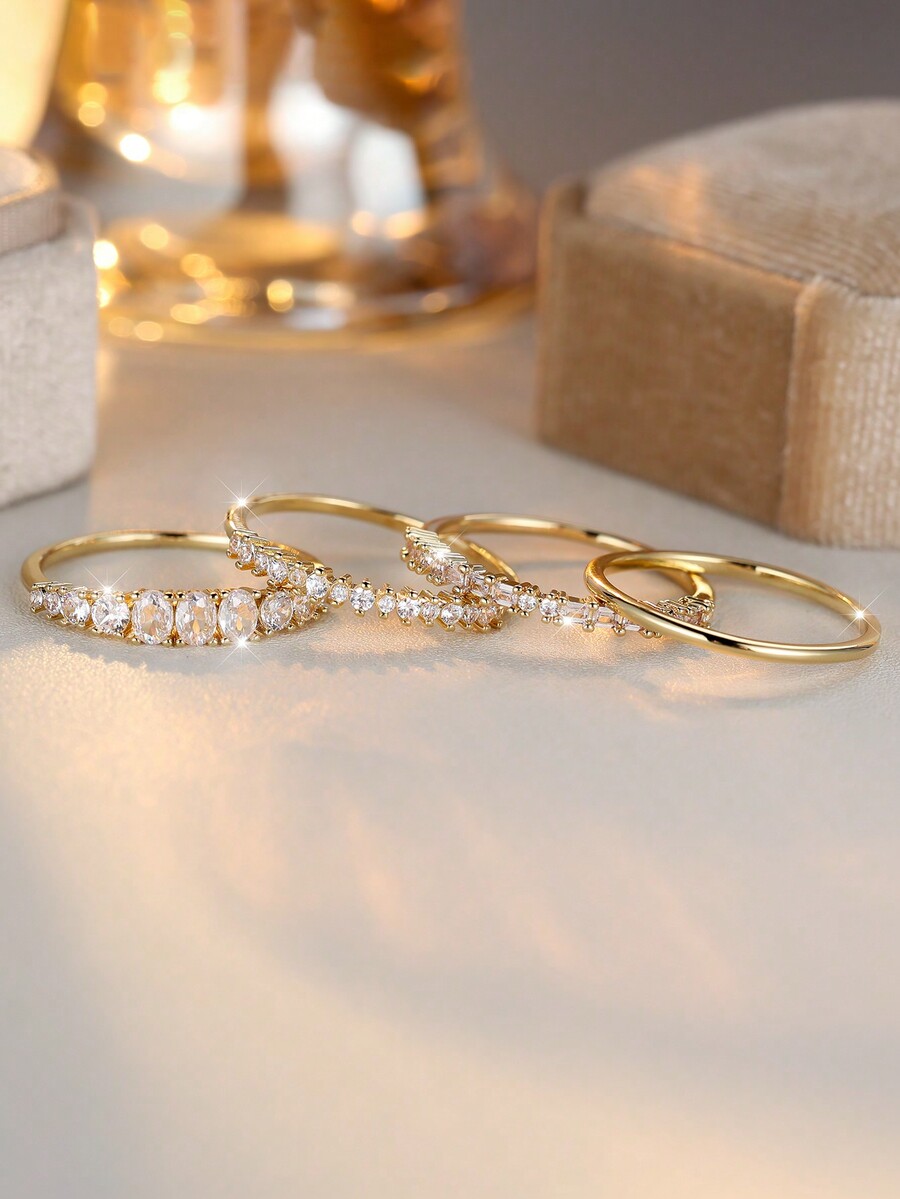 Tsnamer 4pcs/Set Golden Stackable Rings Set Minimalist Thumb Everyday Ring Statement Promise ...