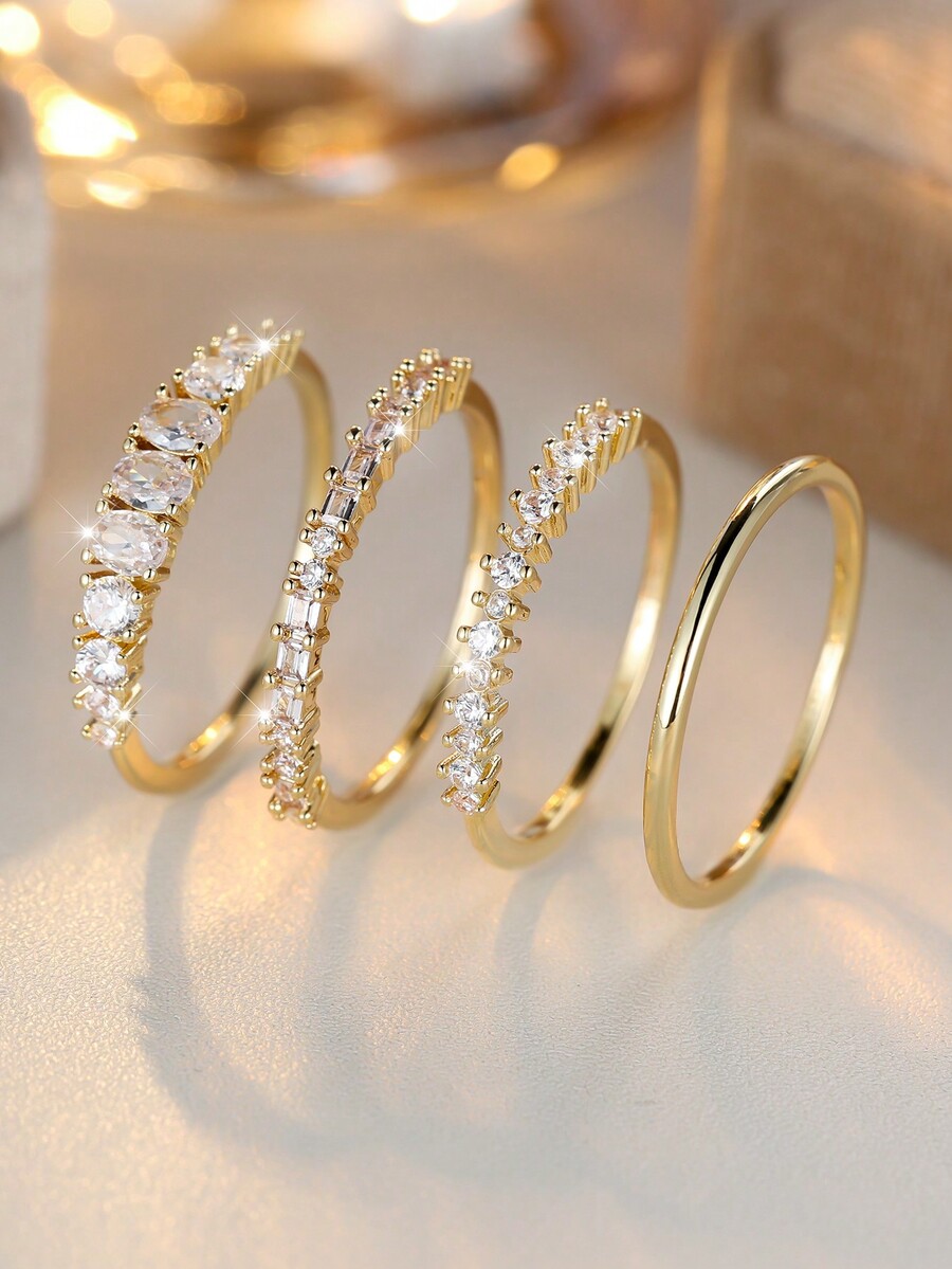 Tsnamer 4pcs/Set Golden Stackable Rings Set Minimalist Thumb Everyday Ring Statement Promise ...