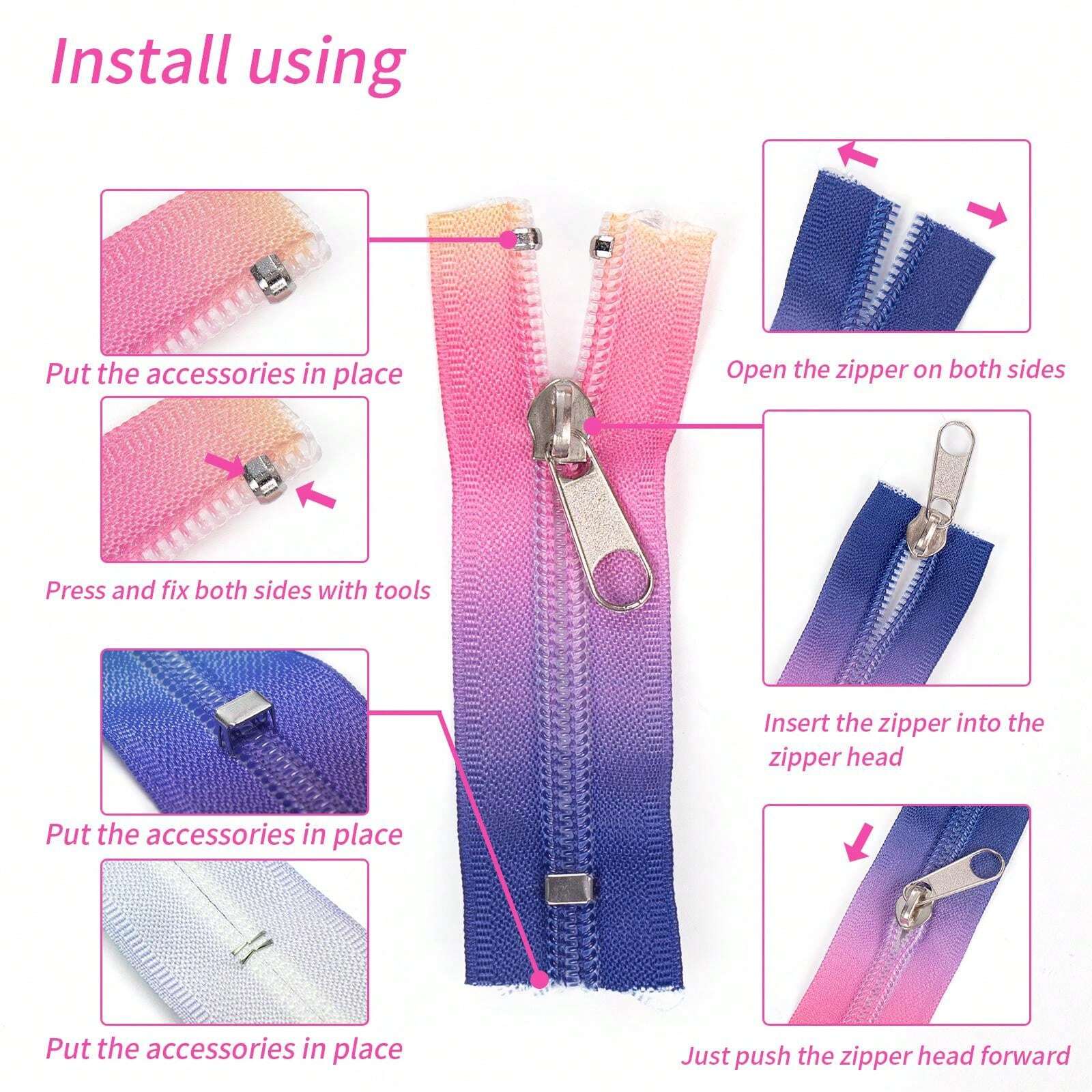 Gradient Colored Zipper Accessory, With Plastic Teeth. Each Set ...