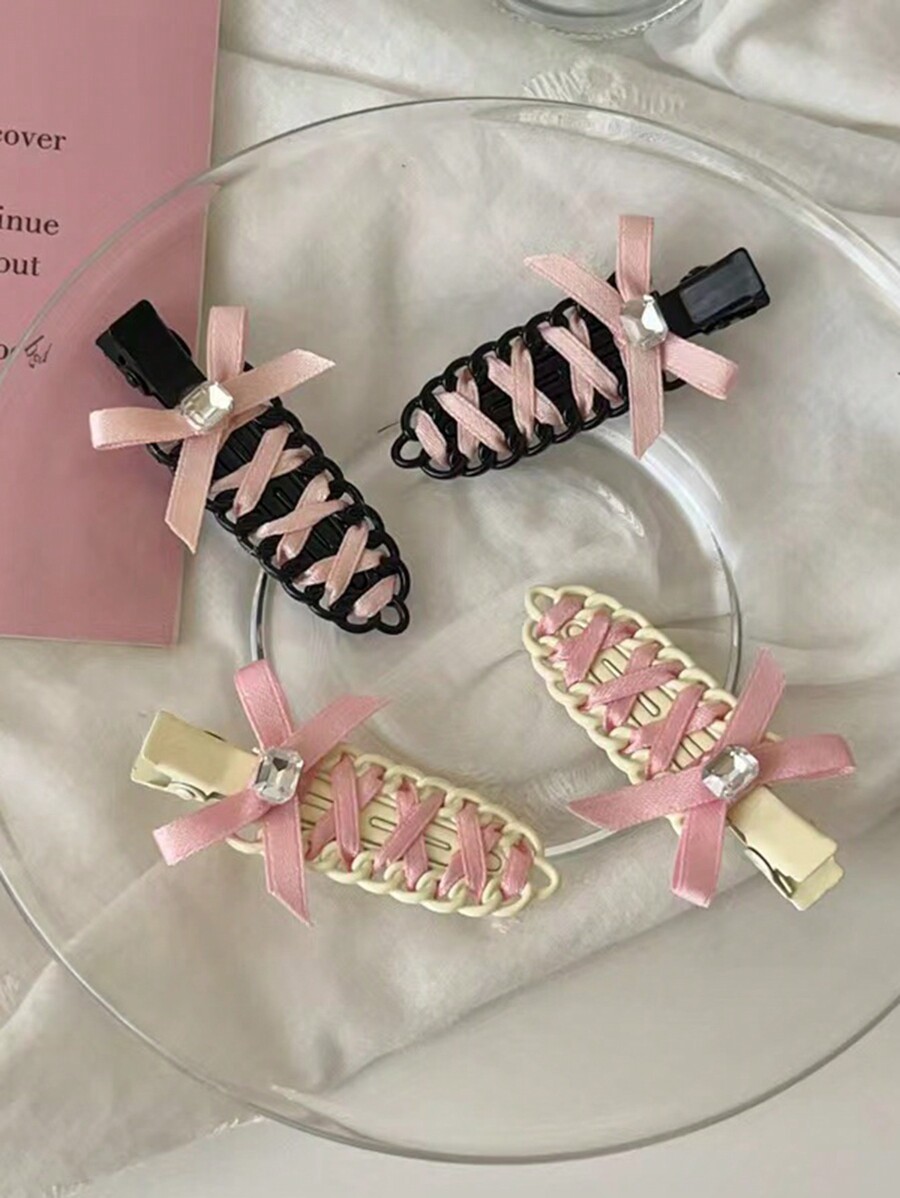 1pc Girl Ballet Style Ribbon Braided Bow Hair Clip, Lovely Sweetheart ...