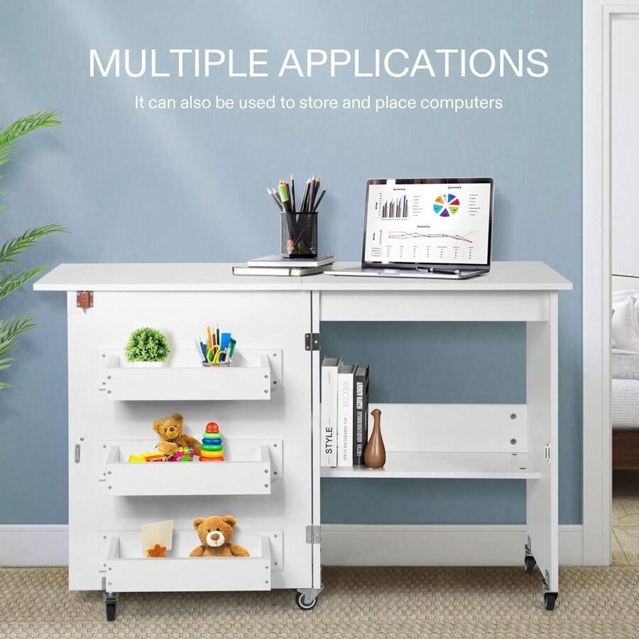 VIVOHOME Folding Sewing Craft Table, Rolling Sewing Machine Desk With ...