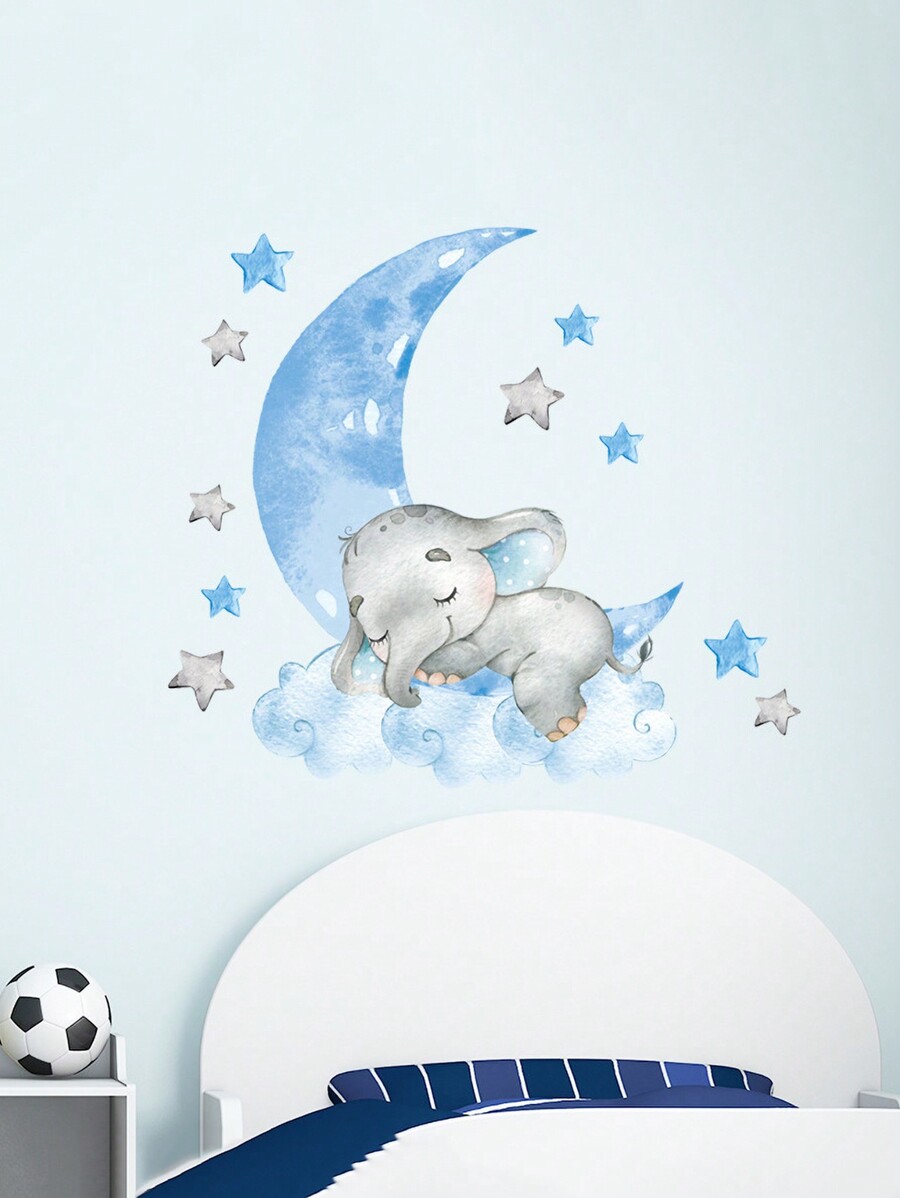 1set Cartoon Light Blue Crescent Moon Starry Sky Sleeping Elephants ...