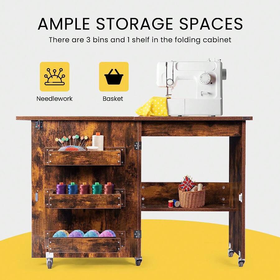 VIVOHOME Folding Sewing Craft Table, Rolling Sewing Machine Desk With ...