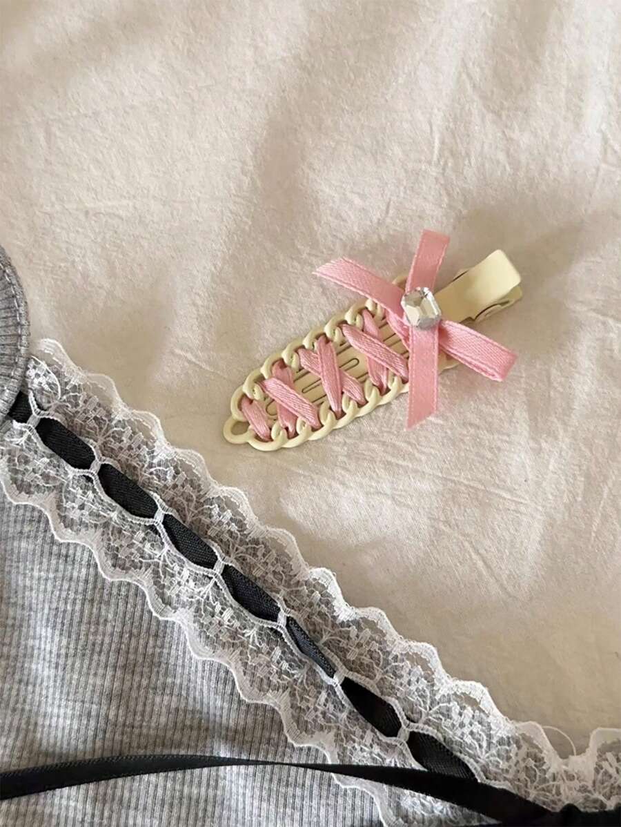 1pc Girl Ballet Style Ribbon Braided Bow Hair Clip, Lovely Sweetheart ...