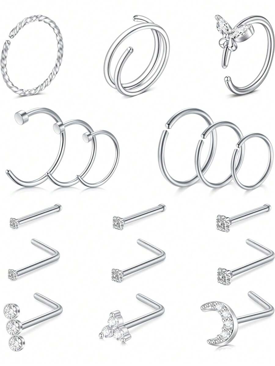 18 piezas de anillos de naríz de 20G aros, anillos de nariz en forma de L sin rosca, espárragos ...