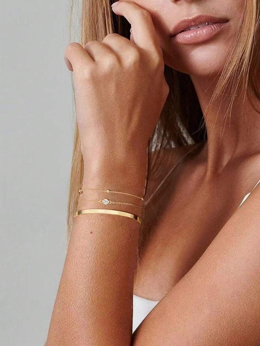 3pcs/Set Stainless Steel 18K Gold Plated Bracelets With Chains For Women, Simple & Fashionable ...